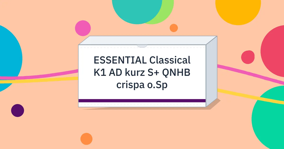 Symbolbild: Packung mit der Aufschrift ESSENTIAL Classical K1 AD kurz S+ QNHB crispa o.Sp (PZN 18866444) – Verfügbarkeit und Bezug in Apotheken in Frankfurt am Main