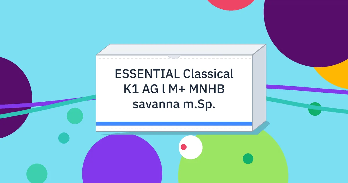 Symbolbild: Packung mit der Aufschrift ESSENTIAL Classical K1 AG l M+ MNHB savanna m.Sp. (PZN 19320664) – Verfügbarkeit und Bezug in Apotheken in Frankfurt am Main