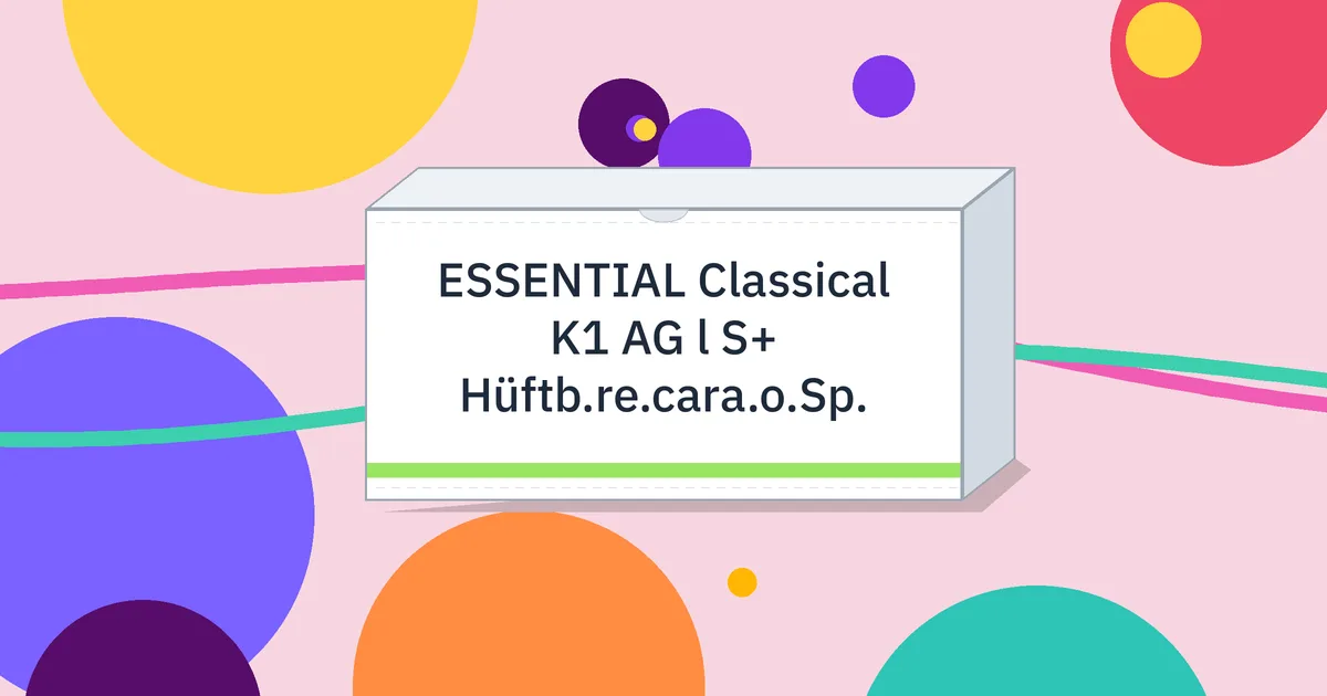 Symbolbild: Packung mit der Aufschrift ESSENTIAL Classical K1 AG l S+ Hüftb.re.cara.o.Sp. (PZN 17011752) – Verfügbarkeit und Bezug in Apotheken in Frankfurt am Main