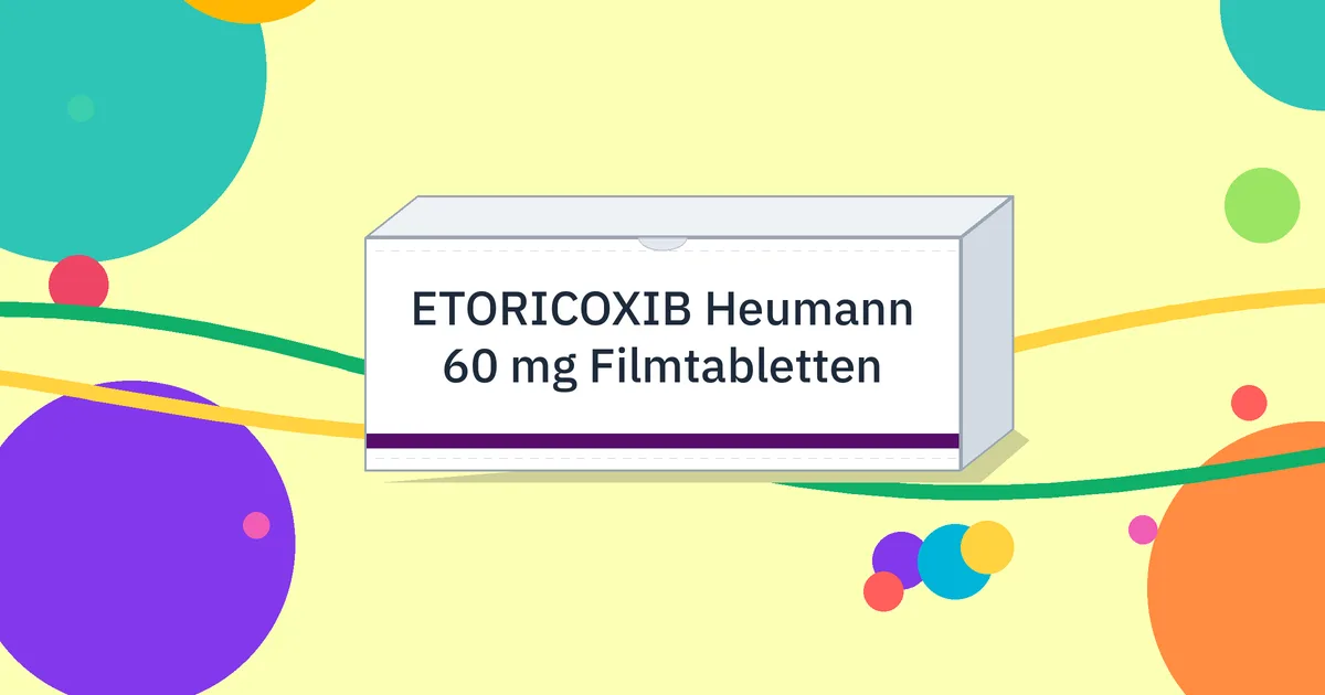 Symbolbild: Packung mit der Aufschrift ETORICOXIB Heumann 60 mg Filmtabletten (PZN 12545093) – Verfügbarkeit und Bezug in Apotheken in Frankfurt am Main