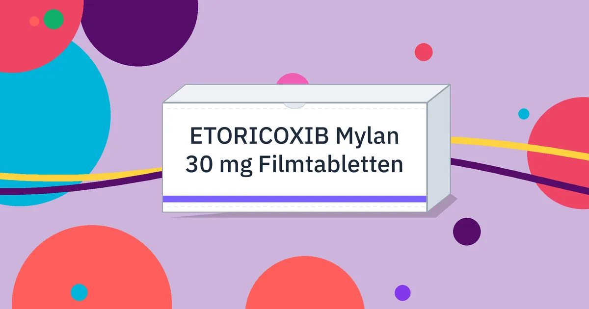 Symbolbild: Packung mit der Aufschrift ETORICOXIB Mylan 30 mg Filmtabletten (PZN 12726877) – Verfügbarkeit und Bezug in Apotheken in Frankfurt am Main