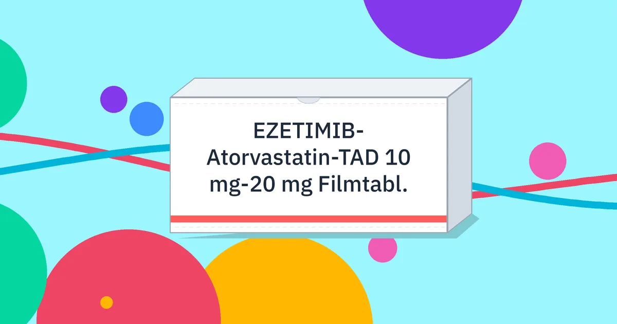 Symbolbild: Packung mit der Aufschrift EZETIMIB-Atorvastatin-TAD 10 mg-20 mg Filmtabl. (PZN 19848046) – Verfügbarkeit und Bezug in Apotheken in Frankfurt am Main