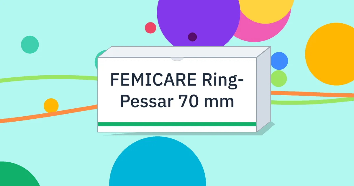 Symbolbild: Packung mit der Aufschrift FEMICARE Ring-Pessar 70 mm (PZN 19336056) – Verfügbarkeit und Bezug in Apotheken in Frankfurt am Main