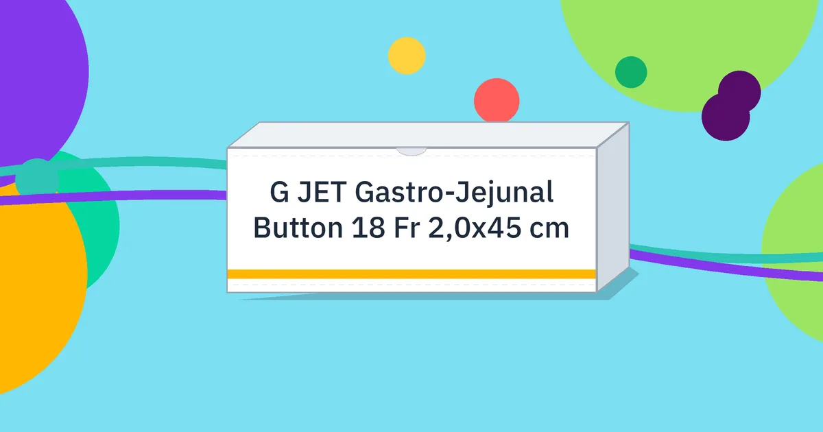 Symbolbild: Packung mit der Aufschrift G JET Gastro-Jejunal Button 18 Fr 2,0x45 cm (PZN 14343459) – Verfügbarkeit und Bezug in Apotheken in Frankfurt am Main