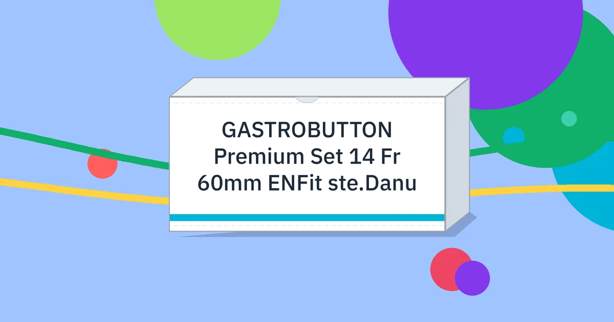 Symbolbild: Packung mit der Aufschrift GASTROBUTTON Premium Set 14 Fr 60mm ENFit ste.Danu (PZN 19076968) – Verfügbarkeit und Bezug in Apotheken in Frankfurt am Main
