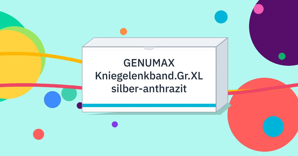 Symbolbild: Packung mit der Aufschrift GENUMAX Kniegelenkband.Gr.XL silber-anthrazit (PZN 11097238) – Verfügbarkeit und Bezug in Apotheken in Frankfurt am Main