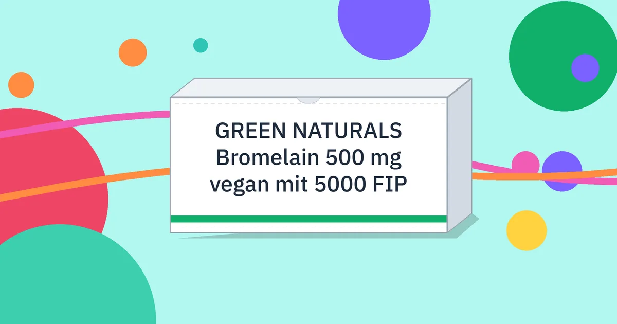 Symbolbild: Packung mit der Aufschrift GREEN NATURALS Bromelain 500 mg vegan mit 5000 FIP (PZN 18497627) – Verfügbarkeit und Bezug in Apotheken in Frankfurt am Main