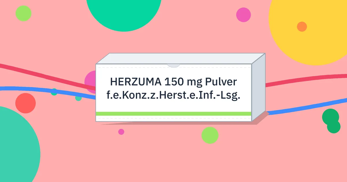 Symbolbild: Packung mit der Aufschrift HERZUMA 150 mg Pulver f.e.Konz.z.Herst.e.Inf.-Lsg. (PZN 15241896) – Verfügbarkeit und Bezug in Apotheken in Frankfurt am Main