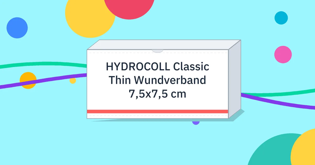 Symbolbild: Packung mit der Aufschrift HYDROCOLL Classic Thin Wundverband 7,5x7,5 cm (PZN 19814337) – Verfügbarkeit und Bezug in Apotheken in Frankfurt am Main
