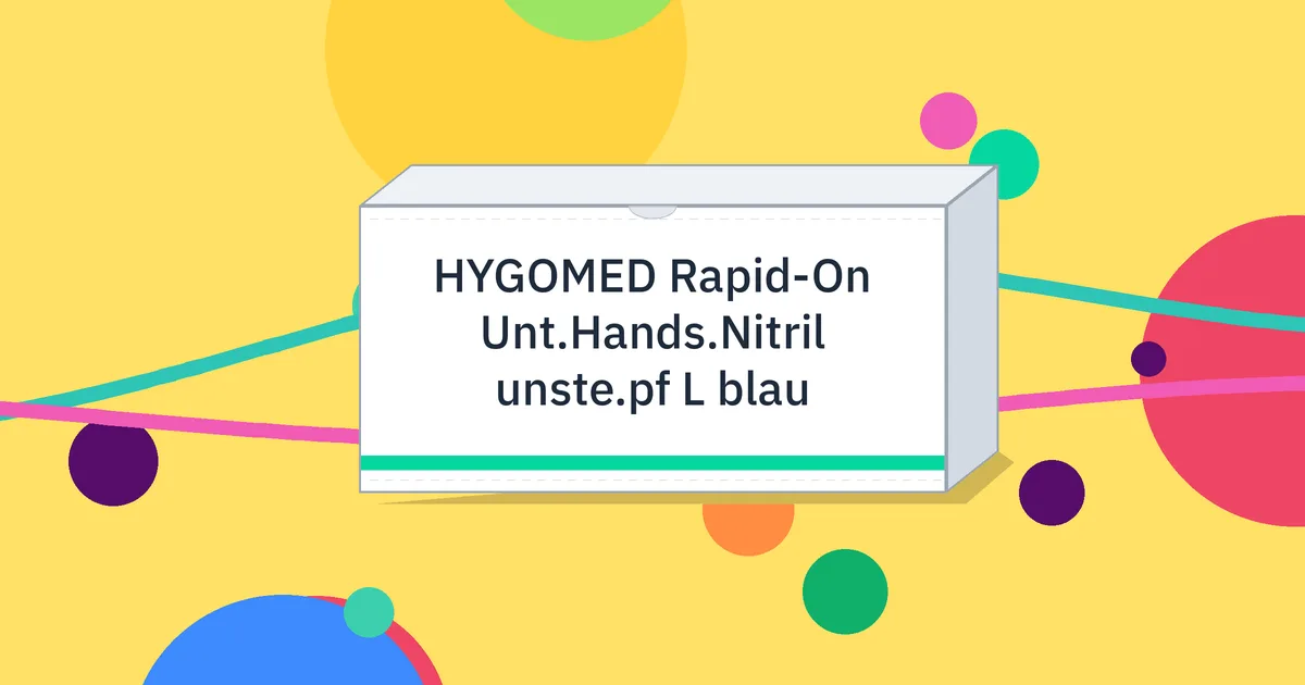 Symbolbild: Packung mit der Aufschrift HYGOMED Rapid-On Unt.Hands.Nitril unste.pf L blau (PZN 20772242) – Verfügbarkeit und Bezug in Apotheken in Frankfurt am Main