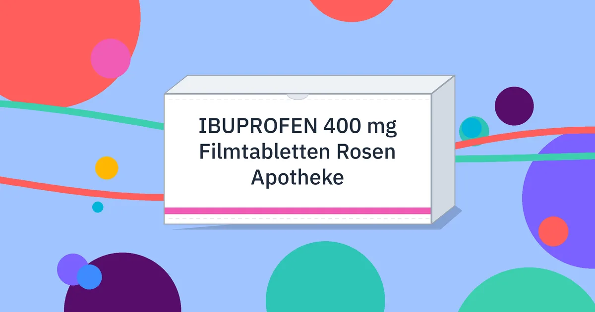 Symbolbild: Packung mit der Aufschrift IBUPROFEN 400 mg Filmtabletten Rosen Apotheke (PZN 16564704) – Verfügbarkeit und Bezug in Apotheken in Frankfurt am Main