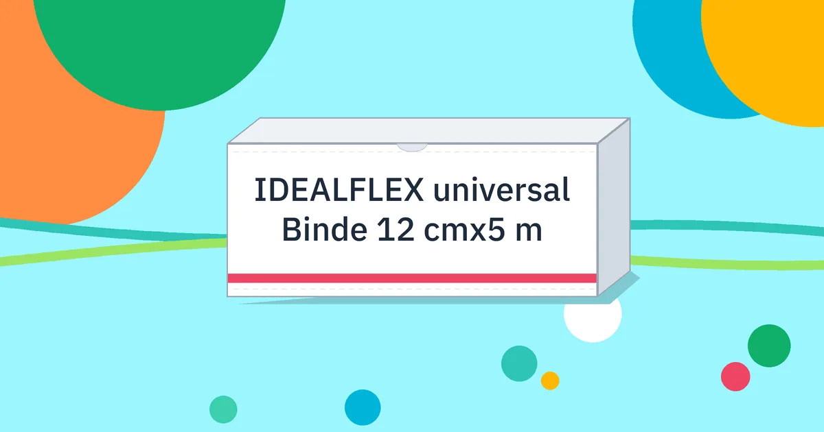 Symbolbild: Packung mit der Aufschrift IDEALFLEX universal Binde 12 cmx5 m (PZN 12593749) – Verfügbarkeit und Bezug in Apotheken in Frankfurt am Main