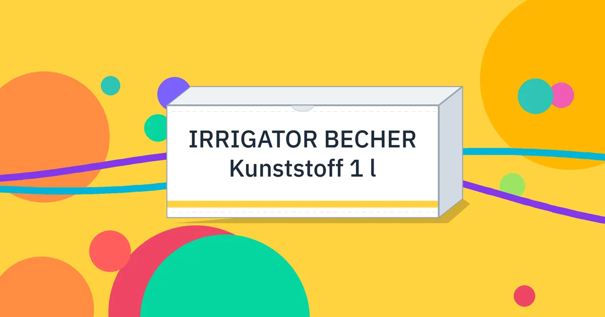 Symbolbild: Packung mit der Aufschrift IRRIGATOR BECHER Kunststoff 1 l (PZN 01728471) – Verfügbarkeit und Bezug in Apotheken in Frankfurt am Main