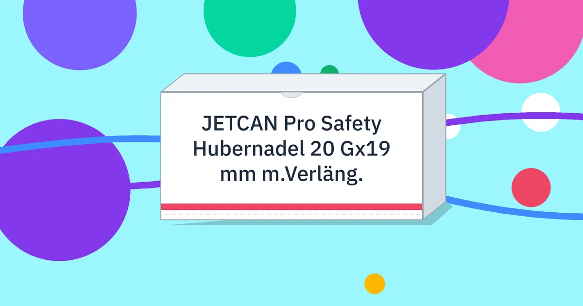 Symbolbild: Packung mit der Aufschrift JETCAN Pro Safety Hubernadel 20 Gx19 mm m.Verläng. (PZN 19728454) – Verfügbarkeit und Bezug in Apotheken in Frankfurt am Main
