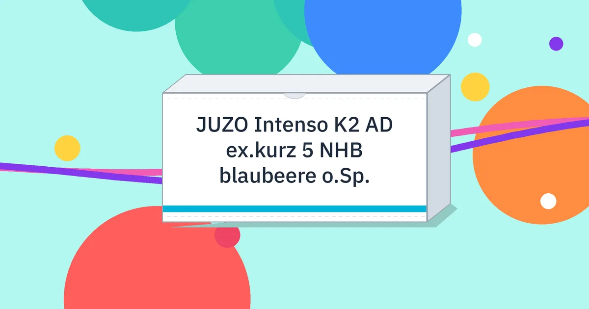 Symbolbild: Packung mit der Aufschrift JUZO Intenso K2 AD ex.kurz 5 NHB blaubeere o.Sp. (PZN 18622216) – Verfügbarkeit und Bezug in Apotheken in Frankfurt am Main