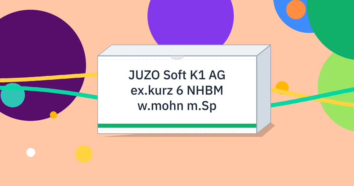 Symbolbild: Packung mit der Aufschrift JUZO Soft K1 AG ex.kurz 6 NHBM w.mohn m.Sp (PZN 15018164) – Verfügbarkeit und Bezug in Apotheken in Frankfurt am Main