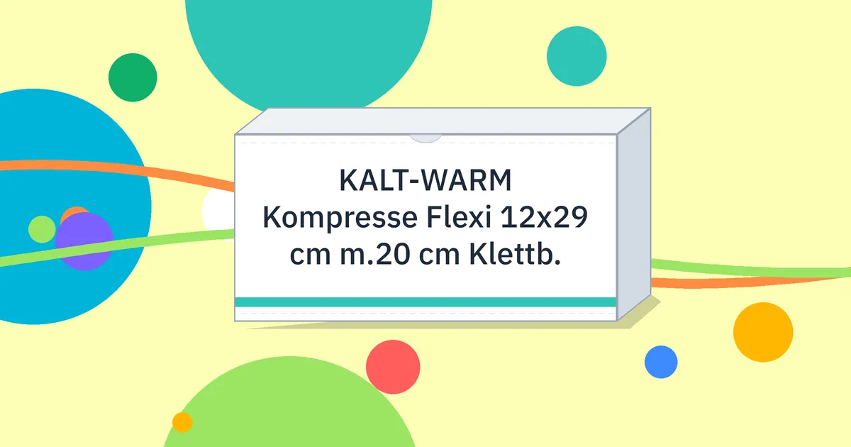 Symbolbild: Packung mit der Aufschrift KALT-WARM Kompresse Flexi 12x29 cm m.20 cm Klettb. (PZN 07105311) – Verfügbarkeit und Bezug in Apotheken in Frankfurt am Main