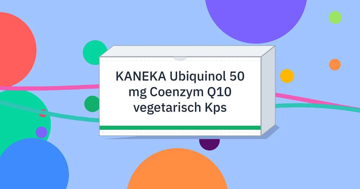 Symbolbild: Packung mit der Aufschrift KANEKA Ubiquinol 50 mg Coenzym Q10 vegetarisch Kps (PZN 19484986) – Verfügbarkeit und Bezug in Apotheken in Frankfurt am Main