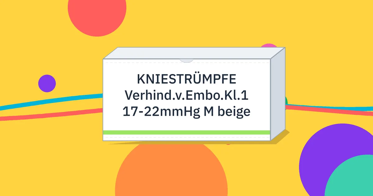 Symbolbild: Packung mit der Aufschrift KNIESTRÜMPFE Verhind.v.Embo.Kl.1 17-22mmHg M beige (PZN 19072634) – Verfügbarkeit und Bezug in Apotheken in Frankfurt am Main
