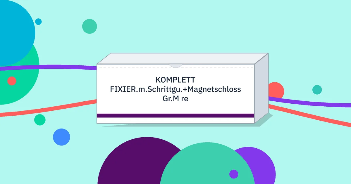 Symbolbild: Packung mit der Aufschrift KOMPLETT FIXIER.m.Schrittgu.+Magnetschloss Gr.M re (PZN 11573124) – Verfügbarkeit und Bezug in Apotheken in Frankfurt am Main