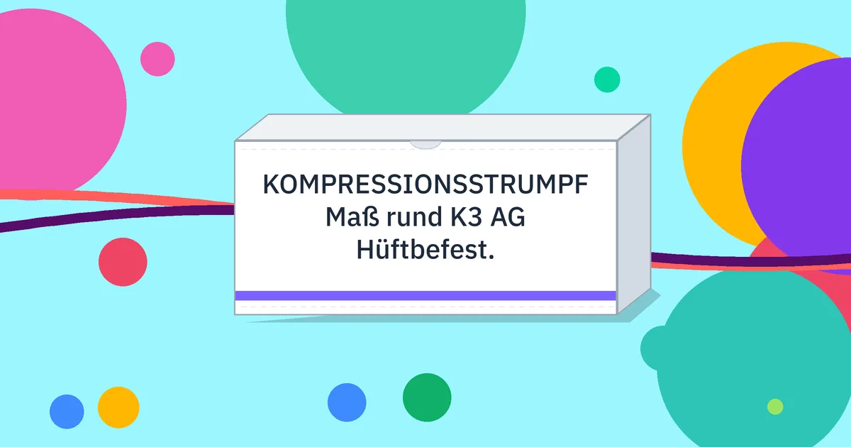 Symbolbild: Packung mit der Aufschrift KOMPRESSIONSSTRUMPF Maß rund K3 AG Hüftbefest. (PZN 10011708) – Verfügbarkeit und Bezug in Apotheken in Frankfurt am Main
