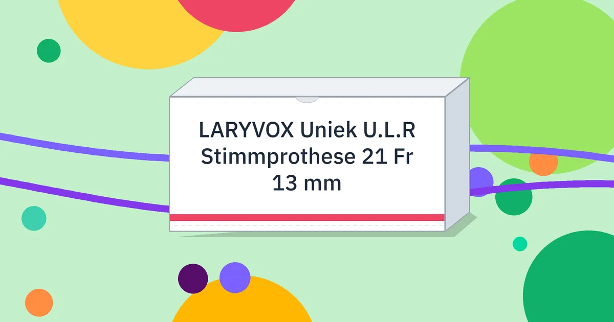 Symbolbild: Packung mit der Aufschrift LARYVOX Uniek U.L.R Stimmprothese 21 Fr 13 mm (PZN 18791367) – Verfügbarkeit und Bezug in Apotheken in Frankfurt am Main