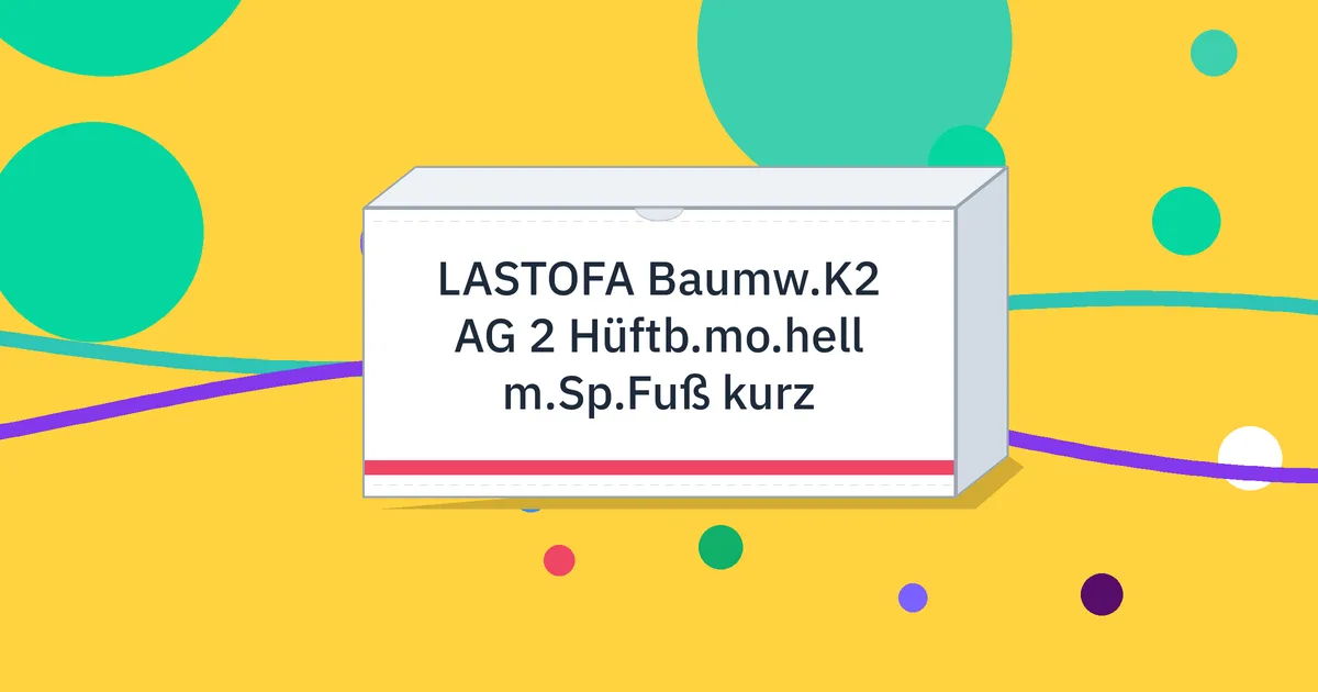 Symbolbild: Packung mit der Aufschrift LASTOFA Baumw.K2 AG 2 Hüftb.mo.hell m.Sp.Fuß kurz (PZN 01949404) – Verfügbarkeit und Bezug in Apotheken in Frankfurt am Main