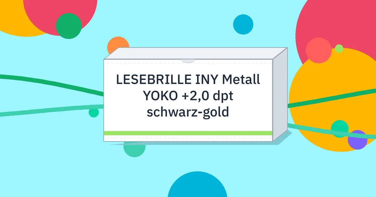Symbolbild: Packung mit der Aufschrift LESEBRILLE INY Metall YOKO +2,0 dpt schwarz-gold (PZN 19928101) – Verfügbarkeit und Bezug in Apotheken in Frankfurt am Main