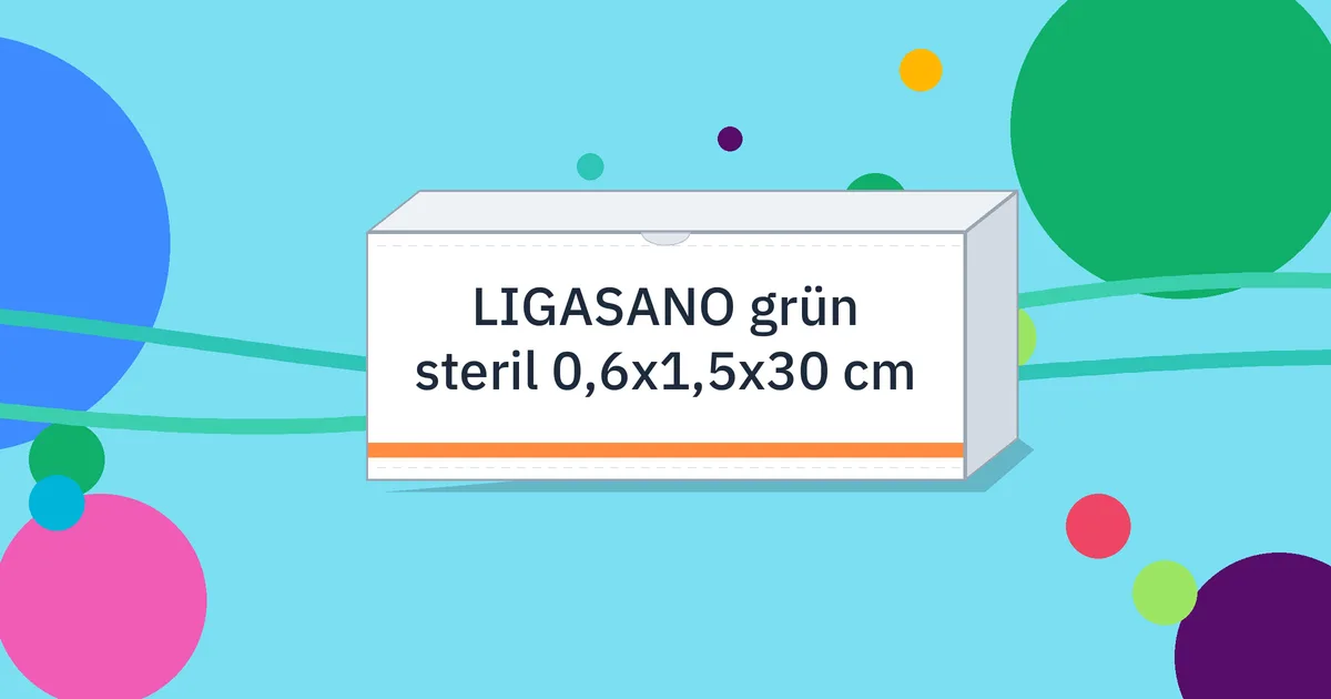 Symbolbild: Packung mit der Aufschrift LIGASANO grün steril 0,6x1,5x30 cm (PZN 17251829) – Verfügbarkeit und Bezug in Apotheken in Frankfurt am Main