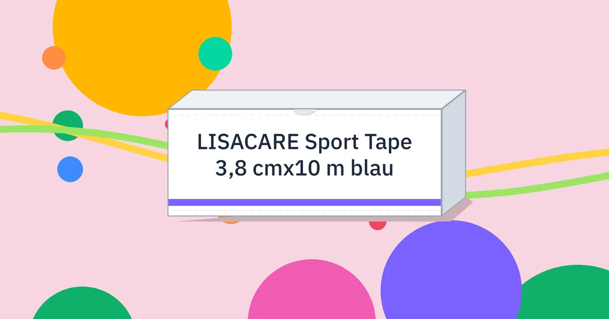 Symbolbild: Packung mit der Aufschrift LISACARE Sport Tape 3,8 cmx10 m blau (PZN 18325116) – Verfügbarkeit und Bezug in Apotheken in Frankfurt am Main