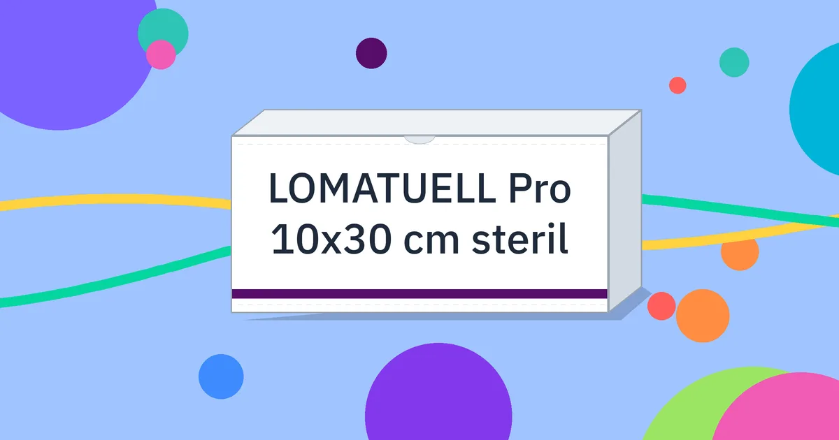 Symbolbild: Packung mit der Aufschrift LOMATUELL Pro 10x30 cm steril (PZN 20299490) – Verfügbarkeit und Bezug in Apotheken in Frankfurt am Main