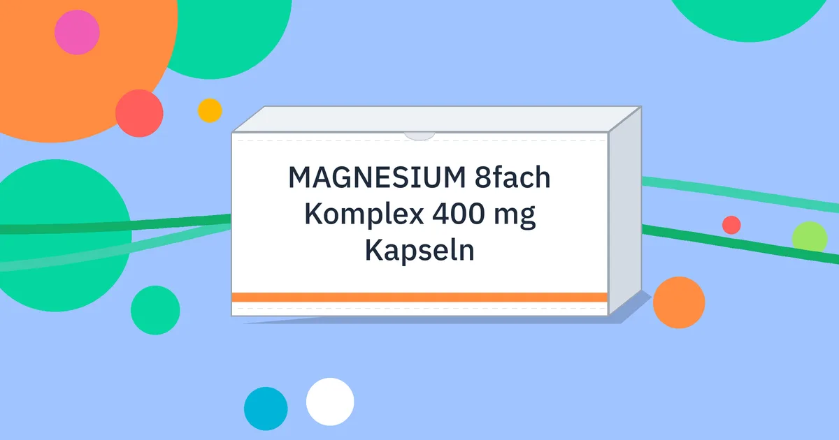 Symbolbild: Packung mit der Aufschrift MAGNESIUM 8fach Komplex 400 mg Kapseln (PZN 16793445) – Verfügbarkeit und Bezug in Apotheken in Frankfurt am Main