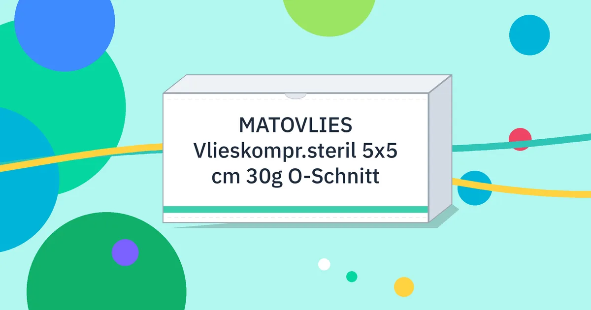Symbolbild: Packung mit der Aufschrift MATOVLIES Vlieskompr.steril 5x5 cm 30g O-Schnitt (PZN 07573331) – Verfügbarkeit und Bezug in Apotheken in Frankfurt am Main