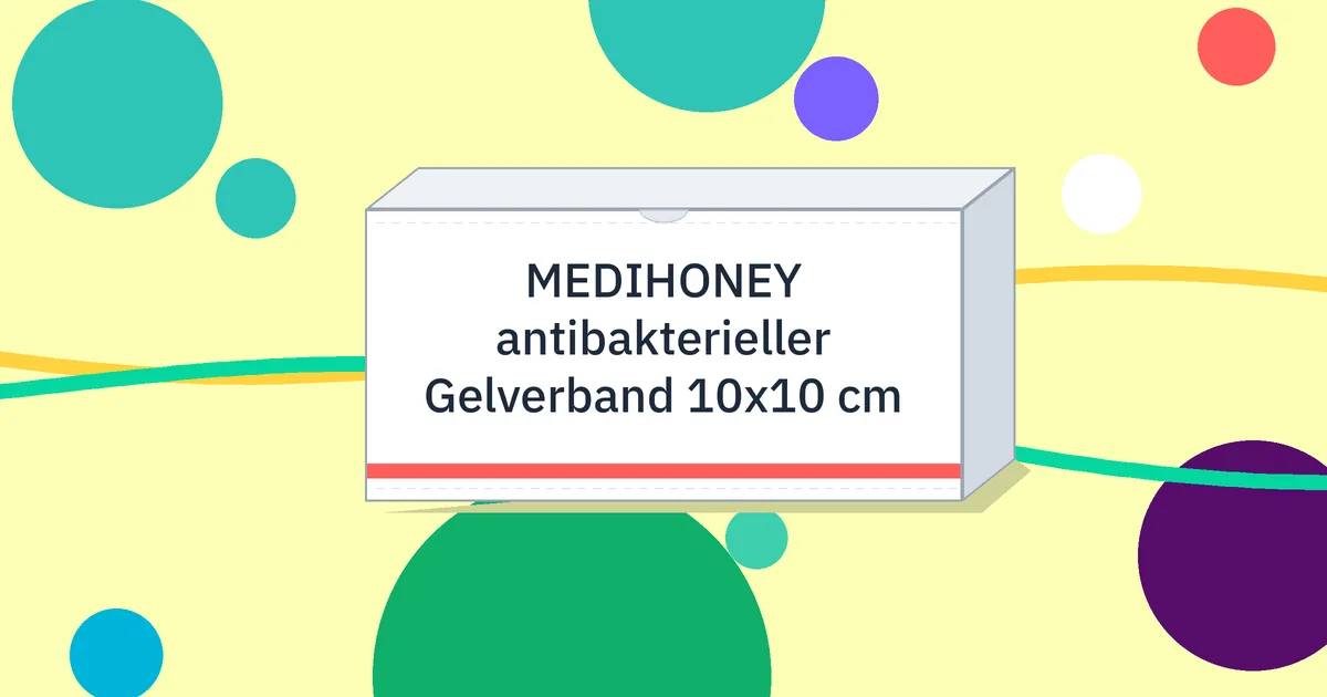 Symbolbild: Packung mit der Aufschrift MEDIHONEY antibakterieller Gelverband 10x10 cm (PZN 05994844) – Verfügbarkeit und Bezug in Apotheken in Frankfurt am Main