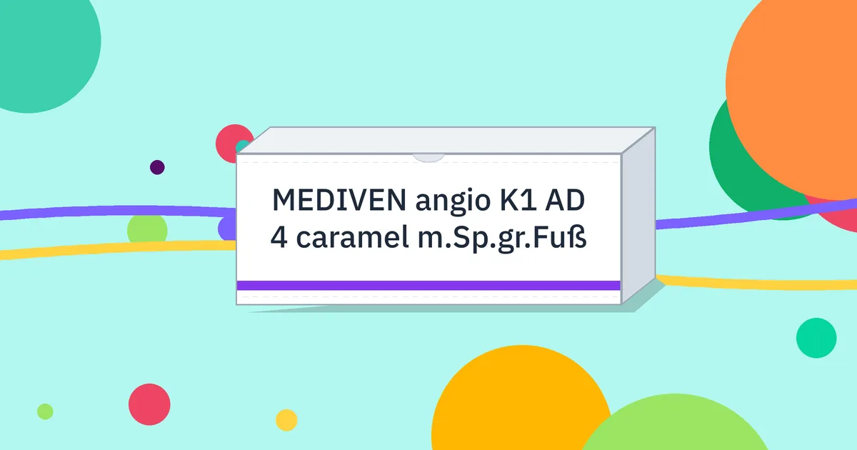 Symbolbild: Packung mit der Aufschrift MEDIVEN angio K1 AD 4 caramel m.Sp.gr.Fuß (PZN 17210055) – Verfügbarkeit und Bezug in Apotheken in Frankfurt am Main
