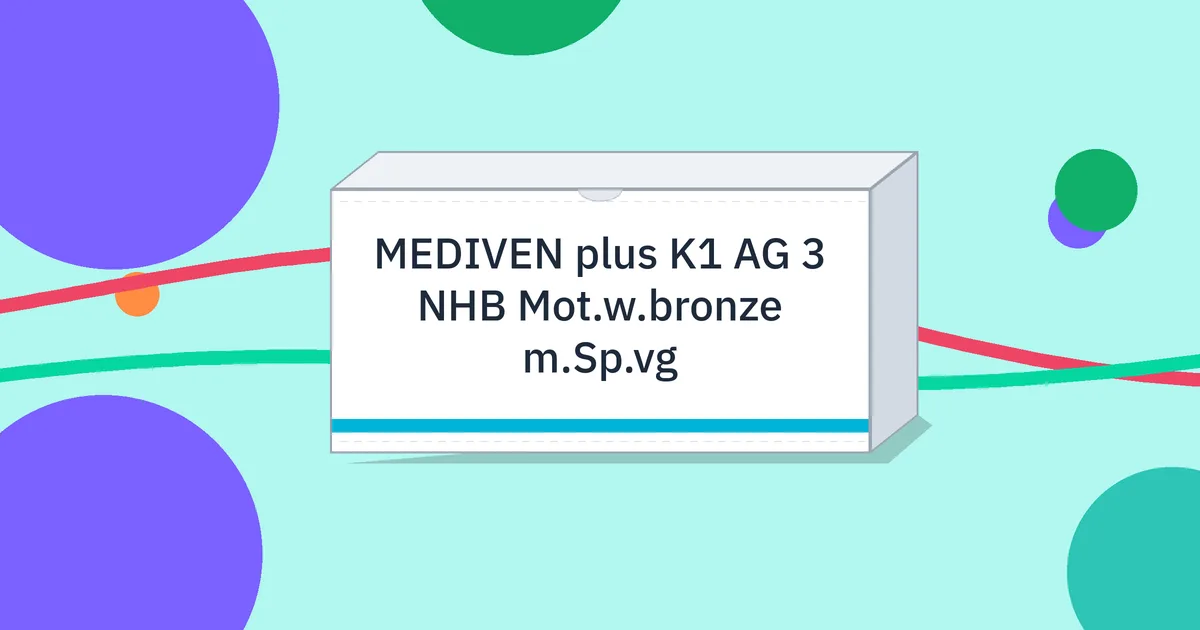 Symbolbild: Packung mit der Aufschrift MEDIVEN plus K1 AG 3 NHB Mot.w.bronze m.Sp.vg (PZN 15920344) – Verfügbarkeit und Bezug in Apotheken in Frankfurt am Main