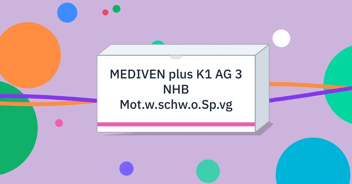 Symbolbild: Packung mit der Aufschrift MEDIVEN plus K1 AG 3 NHB Mot.w.schw.o.Sp.vg (PZN 15921007) – Verfügbarkeit und Bezug in Apotheken in Frankfurt am Main