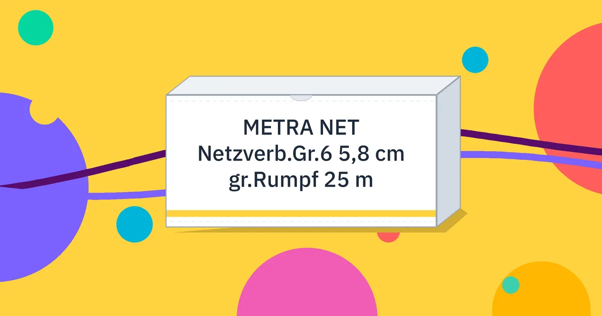 Symbolbild: Packung mit der Aufschrift METRA NET Netzverb.Gr.6 5,8 cm gr.Rumpf 25 m (PZN 07772510) – Verfügbarkeit und Bezug in Apotheken in Frankfurt am Main