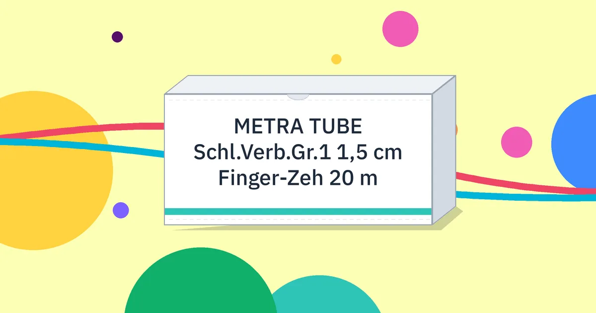 Symbolbild: Packung mit der Aufschrift METRA TUBE Schl.Verb.Gr.1 1,5 cm Finger-Zeh 20 m (PZN 07772533) – Verfügbarkeit und Bezug in Apotheken in Frankfurt am Main
