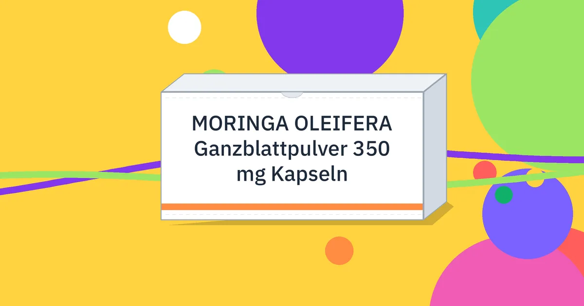 Symbolbild: Packung mit der Aufschrift MORINGA OLEIFERA Ganzblattpulver 350 mg Kapseln (PZN 10009338) – Verfügbarkeit und Bezug in Apotheken in Frankfurt am Main