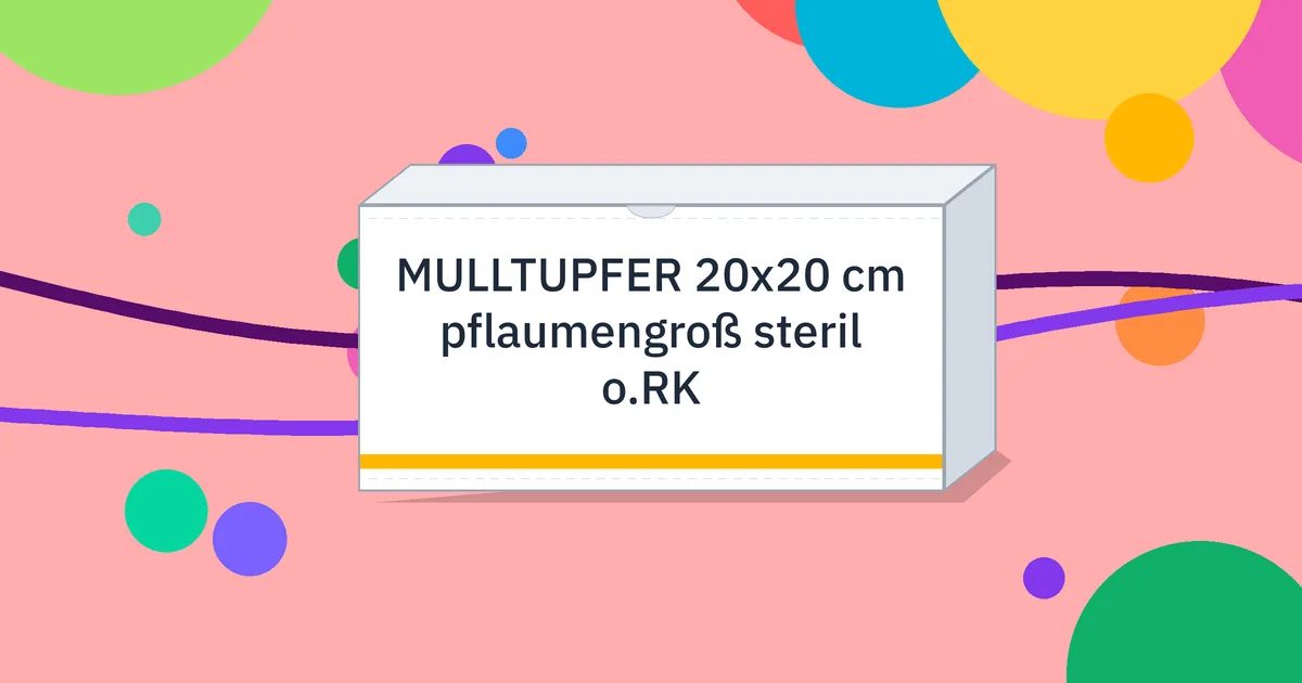 Symbolbild: Packung mit der Aufschrift MULLTUPFER 20x20 cm pflaumengroß steril o.RK (PZN 13506801) – Verfügbarkeit und Bezug in Apotheken in Frankfurt am Main