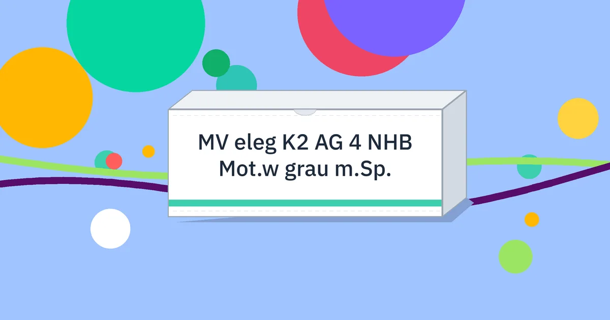 Symbolbild: Packung mit der Aufschrift MV eleg K2 AG 4 NHB Mot.w grau m.Sp. (PZN 18931288) – Verfügbarkeit und Bezug in Apotheken in Frankfurt am Main