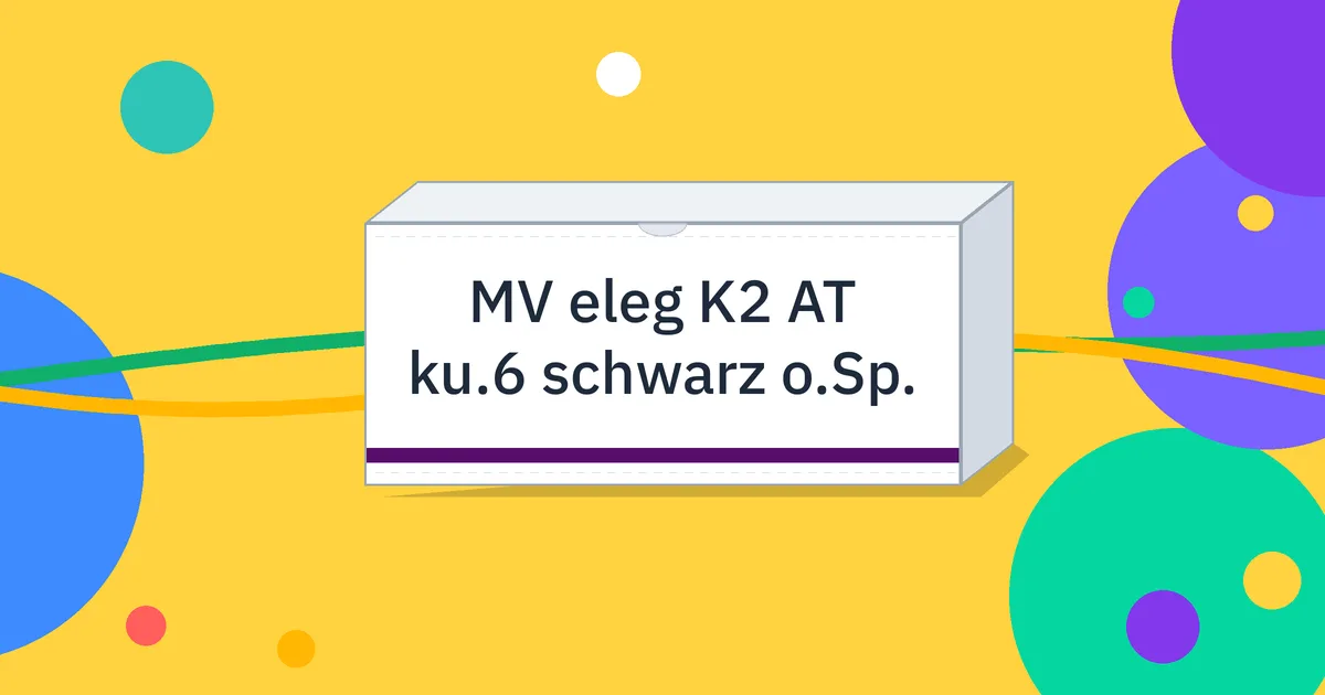 Symbolbild: Packung mit der Aufschrift MV eleg K2 AT ku.6 schwarz o.Sp. (PZN 00312716) – Verfügbarkeit und Bezug in Apotheken in Frankfurt am Main
