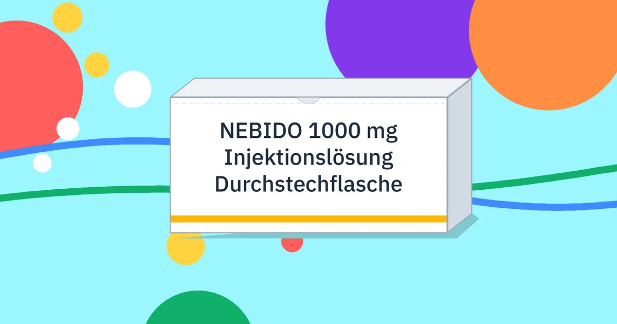 Symbolbild: Packung mit der Aufschrift NEBIDO 1000 mg Injektionslösung Durchstechflasche (PZN 20319318) – Verfügbarkeit und Bezug in Apotheken in Frankfurt am Main