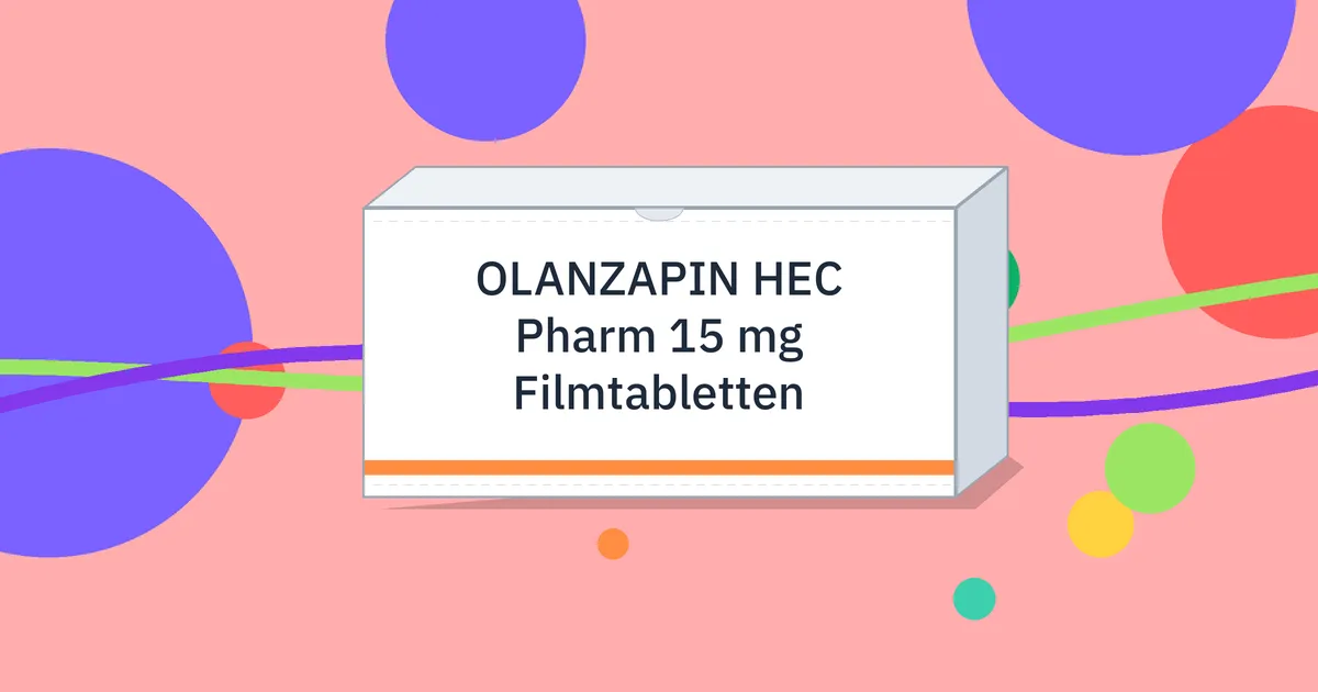 Symbolbild: Packung mit der Aufschrift OLANZAPIN HEC Pharm 15 mg Filmtabletten (PZN 11882977) – Verfügbarkeit und Bezug in Apotheken in Frankfurt am Main