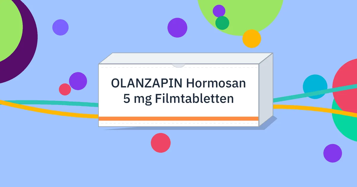 Symbolbild: Packung mit der Aufschrift OLANZAPIN Hormosan 5 mg Filmtabletten (PZN 09214412) – Verfügbarkeit und Bezug in Apotheken in Frankfurt am Main