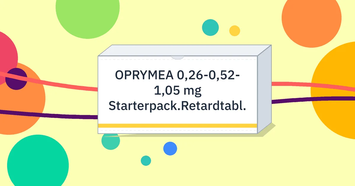 Symbolbild: Packung mit der Aufschrift OPRYMEA 0,26-0,52-1,05 mg Starterpack.Retardtabl. (PZN 11188082) – Verfügbarkeit und Bezug in Apotheken in Frankfurt am Main