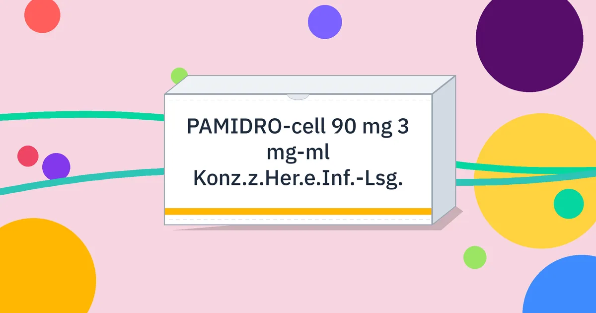Symbolbild: Packung mit der Aufschrift PAMIDRO-cell 90 mg 3 mg-ml Konz.z.Her.e.Inf.-Lsg. (PZN 03145905) – Verfügbarkeit und Bezug in Apotheken in Frankfurt am Main