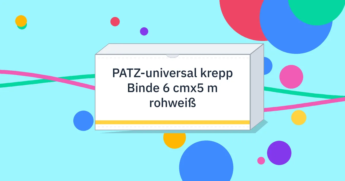 Symbolbild: Packung mit der Aufschrift PATZ-universal krepp Binde 6 cmx5 m rohweiß (PZN 06813810) – Verfügbarkeit und Bezug in Apotheken in Frankfurt am Main