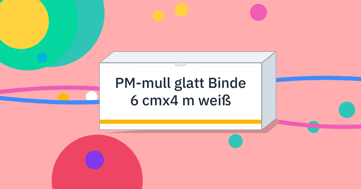 Symbolbild: Packung mit der Aufschrift PM-mull glatt Binde 6 cmx4 m weiß (PZN 18844980) – Verfügbarkeit und Bezug in Apotheken in Frankfurt am Main